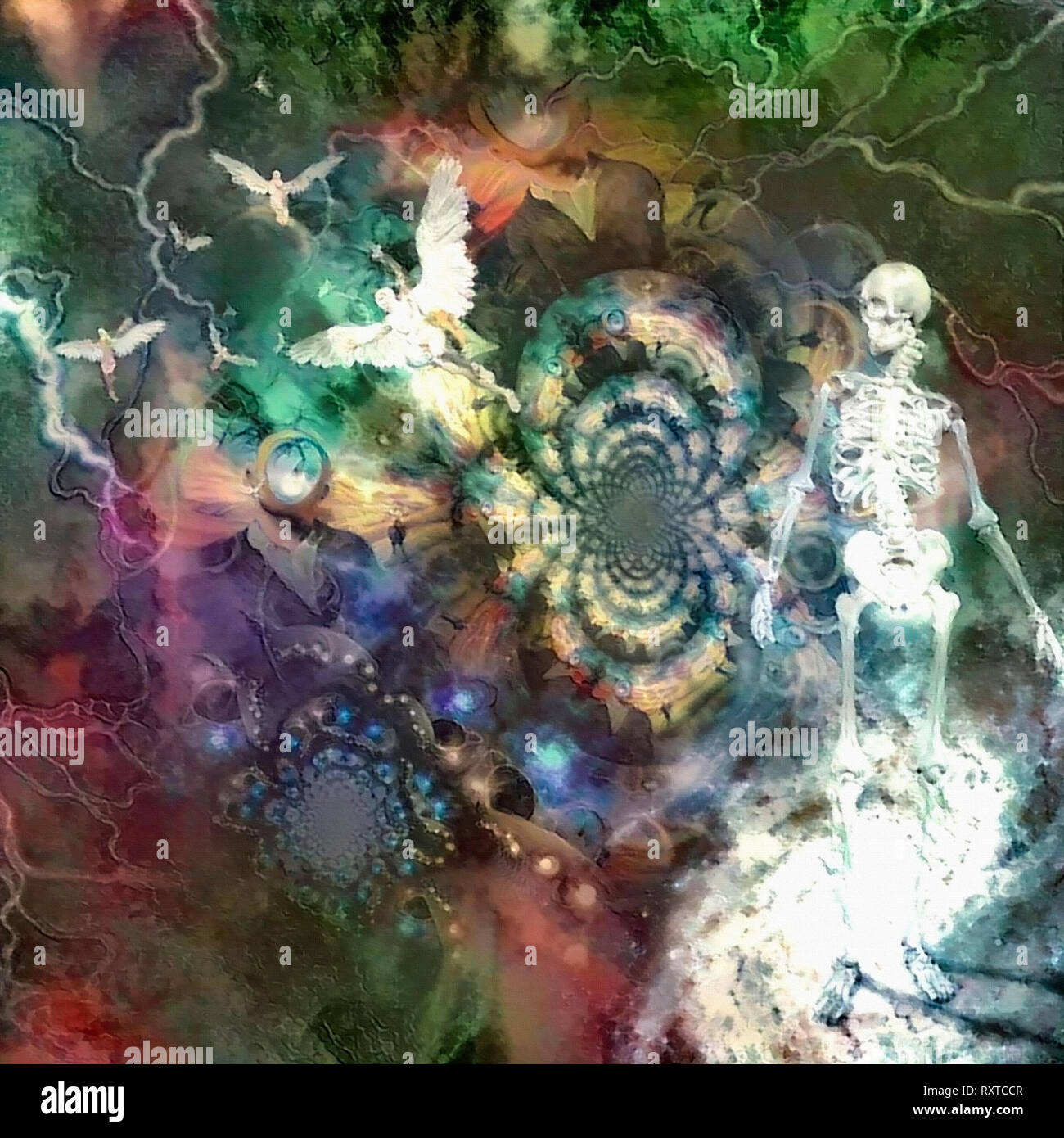 Angels and skeleton in vivid surreal scene. Life and Death Stock Photo ...