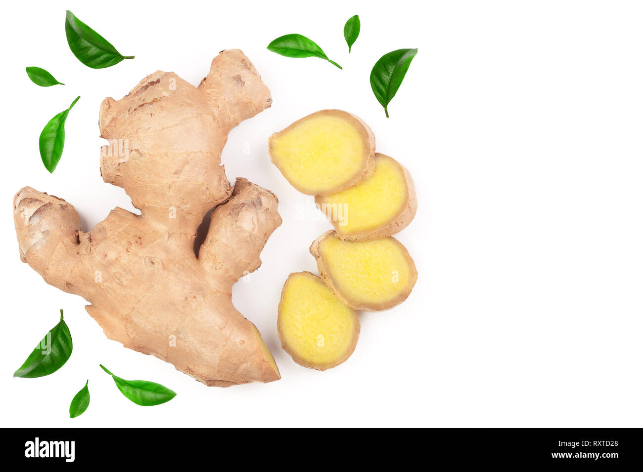 fresh Ginger root and slice isolated on white background. Top view ...