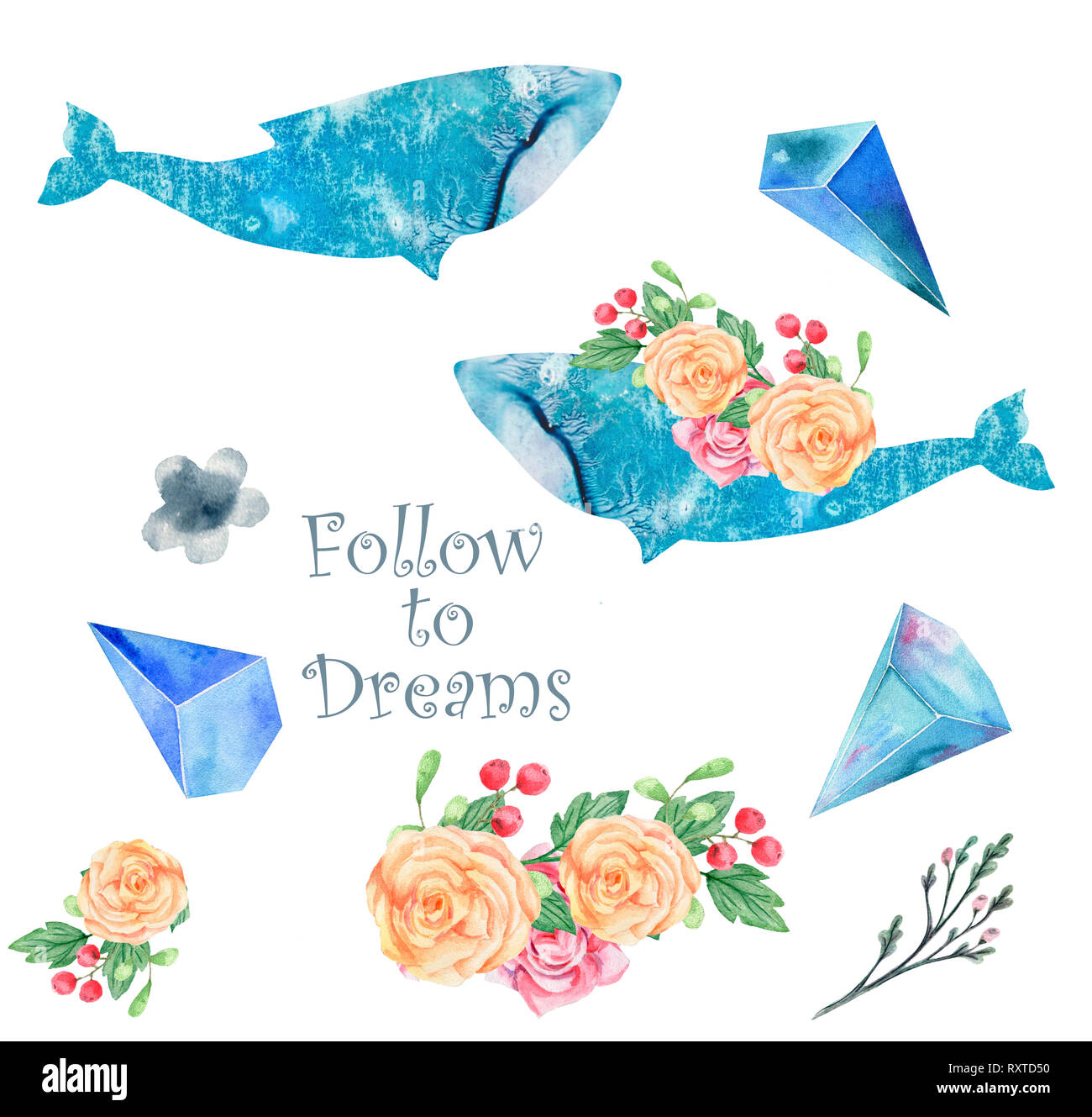 Whale watercolor fatasy whale on fly balloon solar system funny blue ...