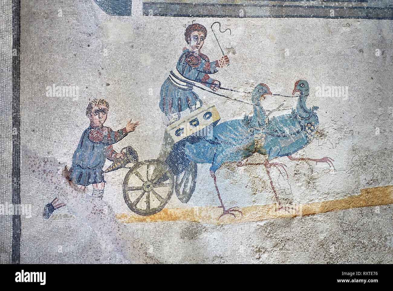 Close up picture of the Roman mosaics of the room of the Small Circus ...