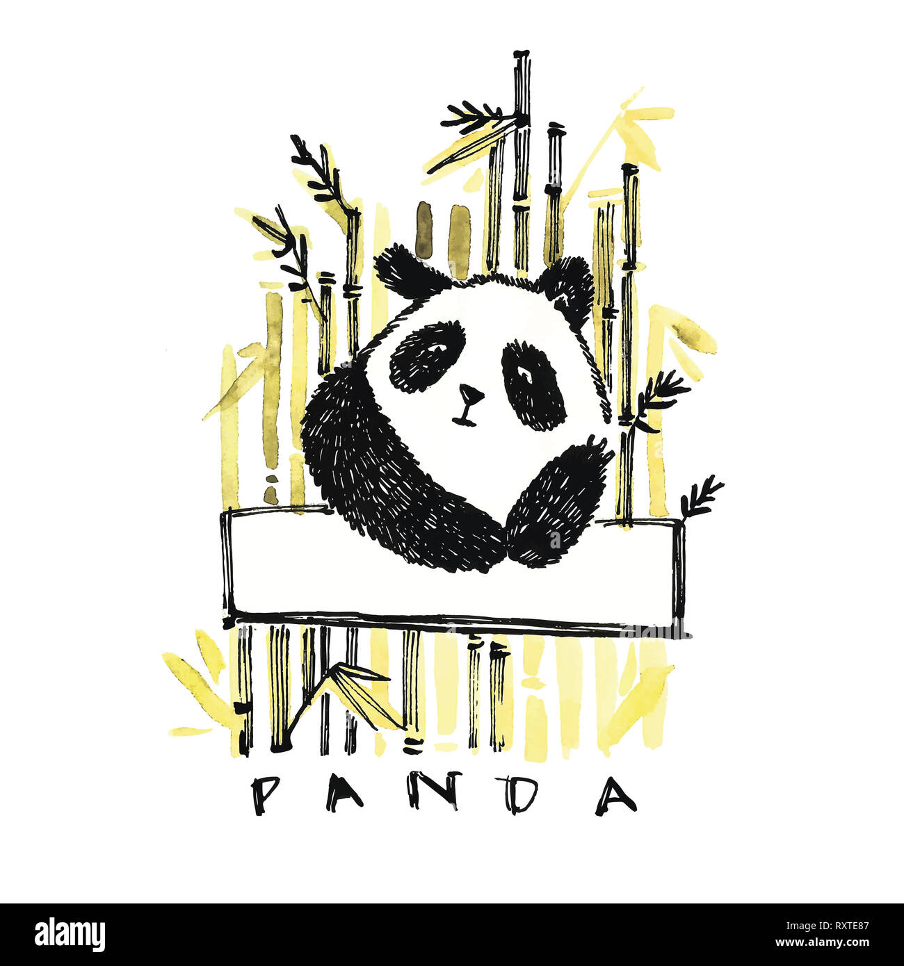Hand drawn panda with bamboo. Graphic illustration isolated on white ...