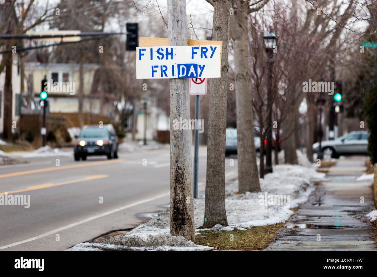 Sign advertising Fish Fry Friday during the religious observance of ...