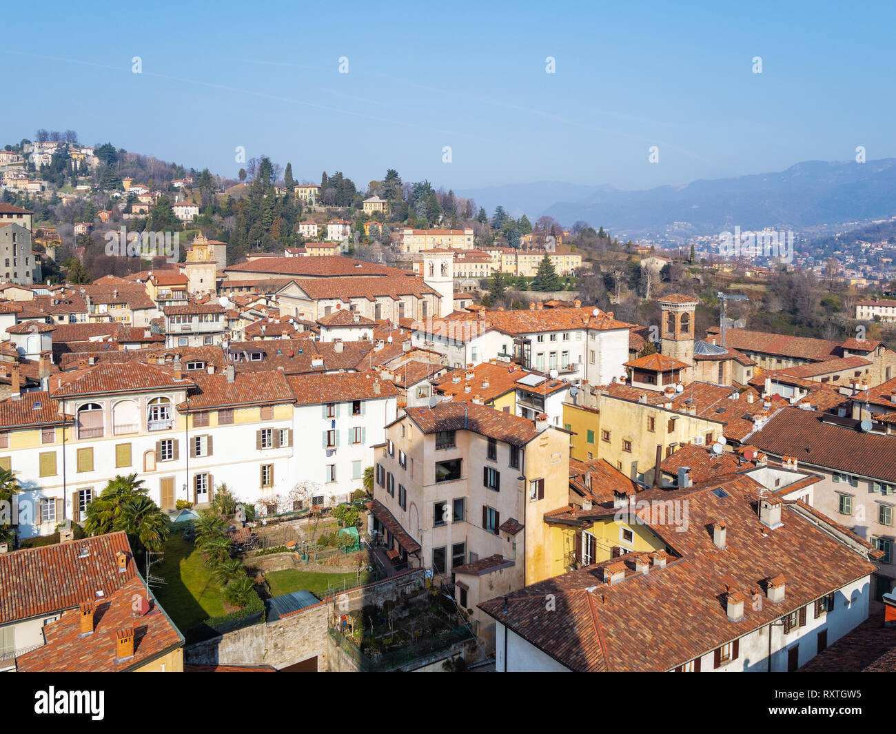 Travel to Italy - above view of the north of Bergamo city with Church ...