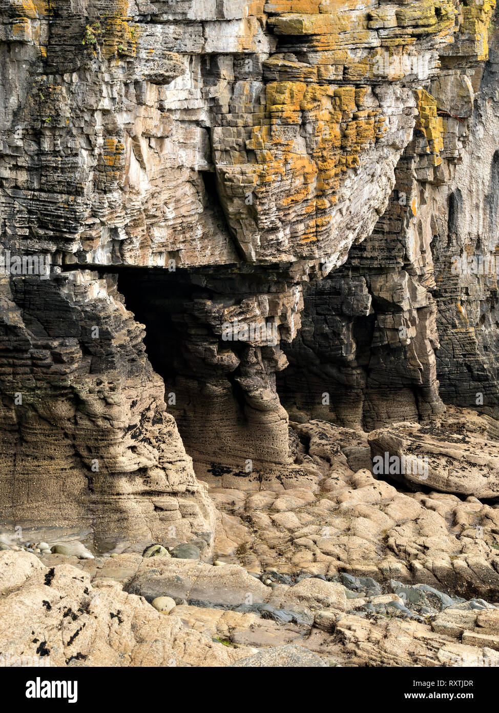 Eroded Jurassic sedimentary sandstone rock sea cliffs and sea caves on ...