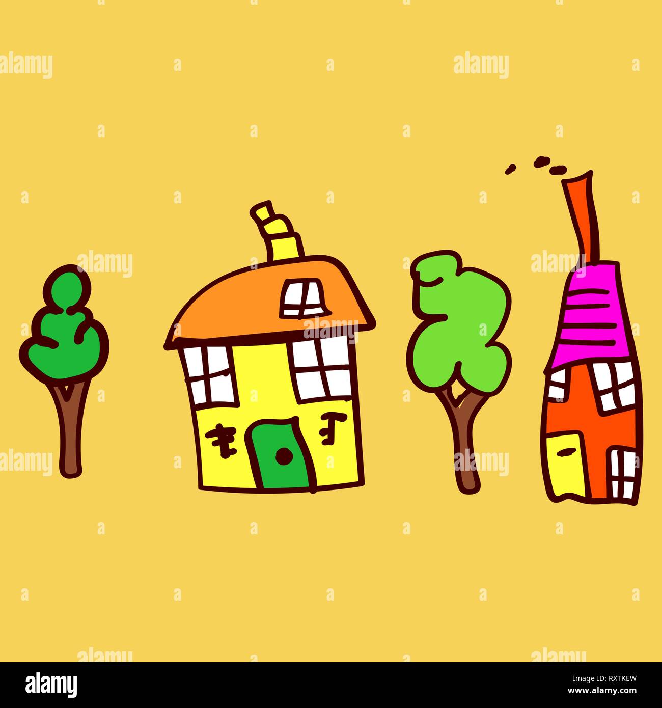 Kids drawing houses and plants in doodle style. Colorized and isolated ...
