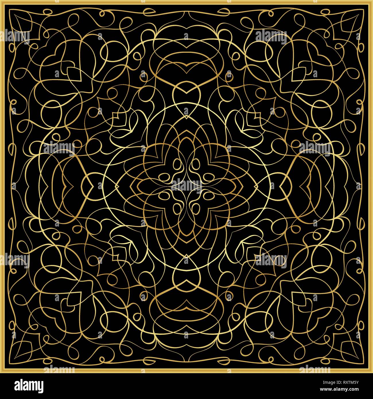 Black handkerchief with gold pattern. Square ornament for print on ...