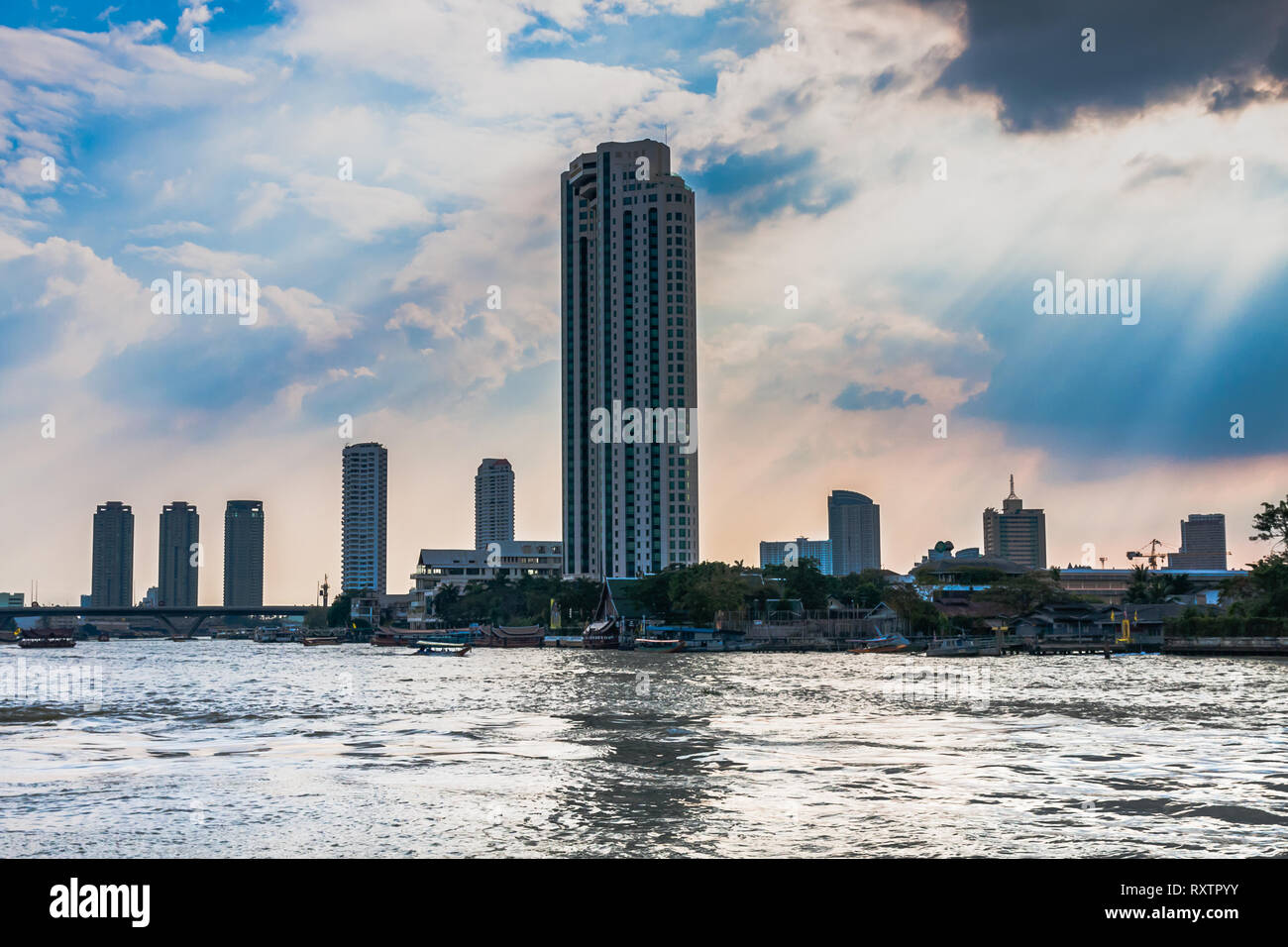 High-rise buildings in the downtown Bangkok on the Chao Phraya River ...
