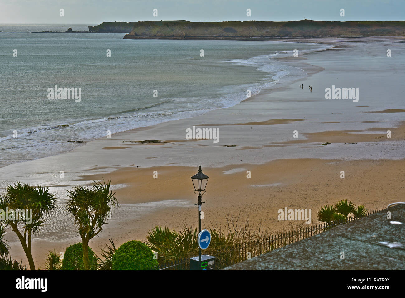 Dog walkers enjoying the almost deserted South Beach in Tenby, in ...