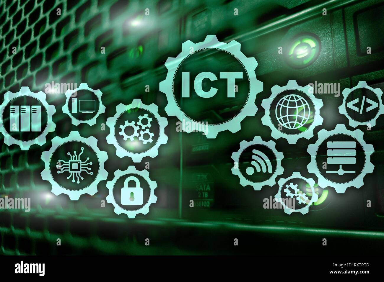 ICT. Information and communications technology on modern server room ...