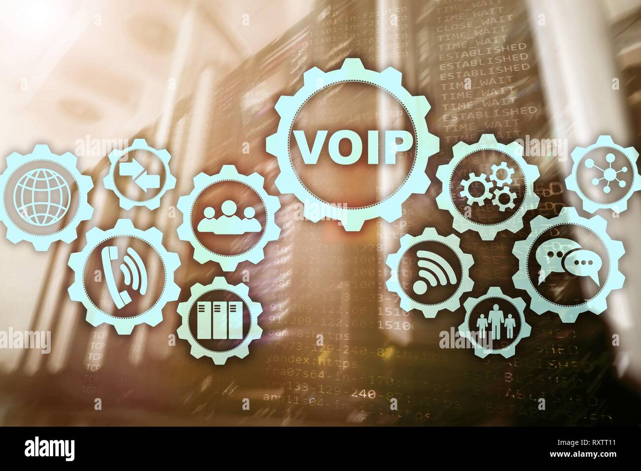 VoIP Voice over IP on the screen with a blur background of the server ...