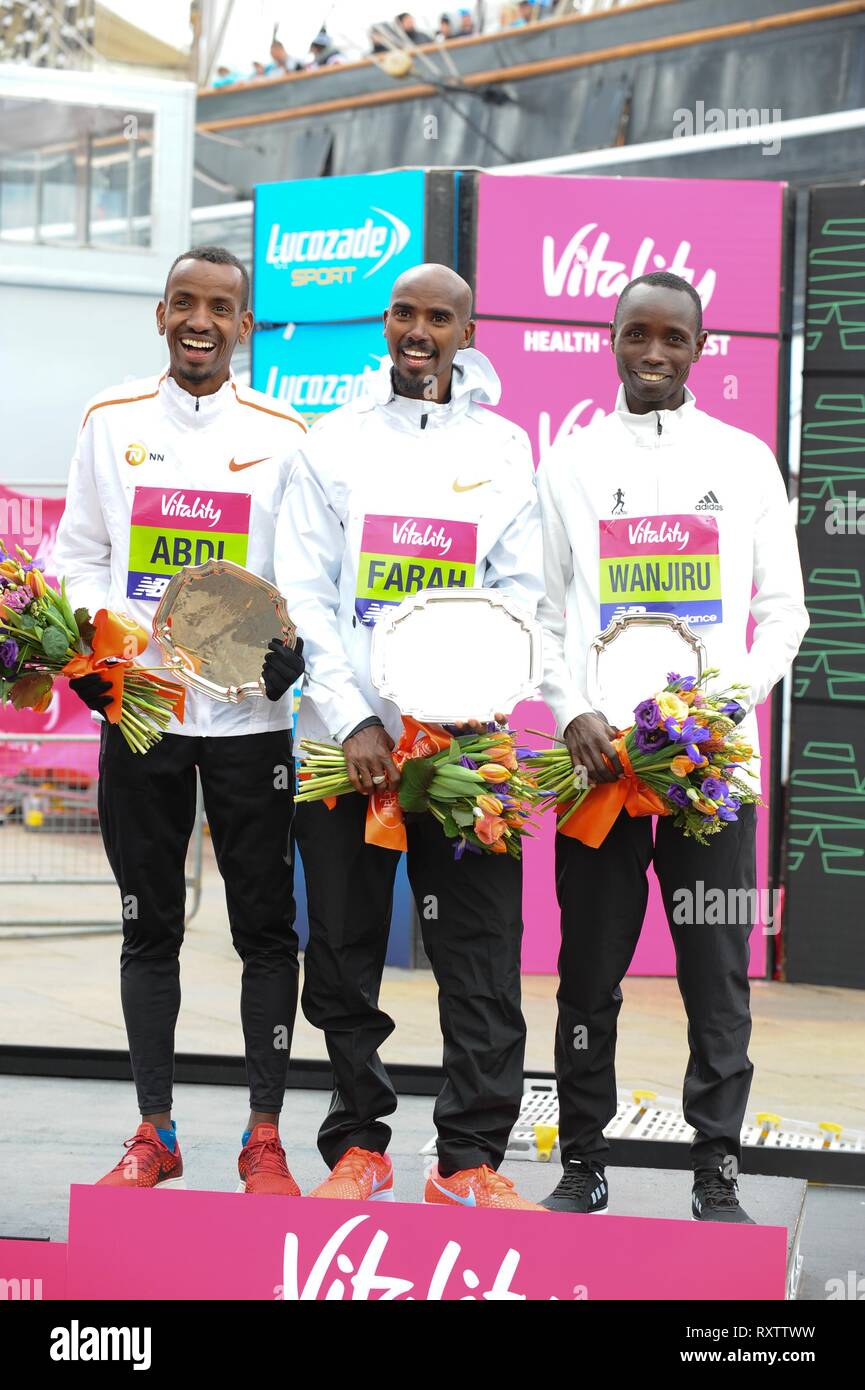 Mo Farrah, Wilson Kipsang and Daniel Wanjiru are seen posing with their ...