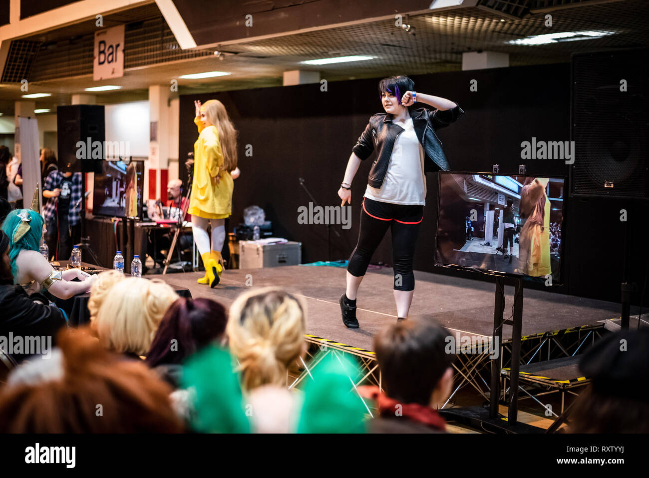 Cardiff, UK - March 9, 2019. Cosplay stage area in the Welsh Comic Con ...