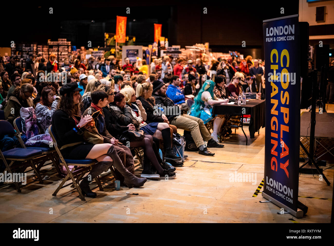 Cardiff, UK - March 9, 2019. Cosplay stage area in the Welsh Comic Con ...