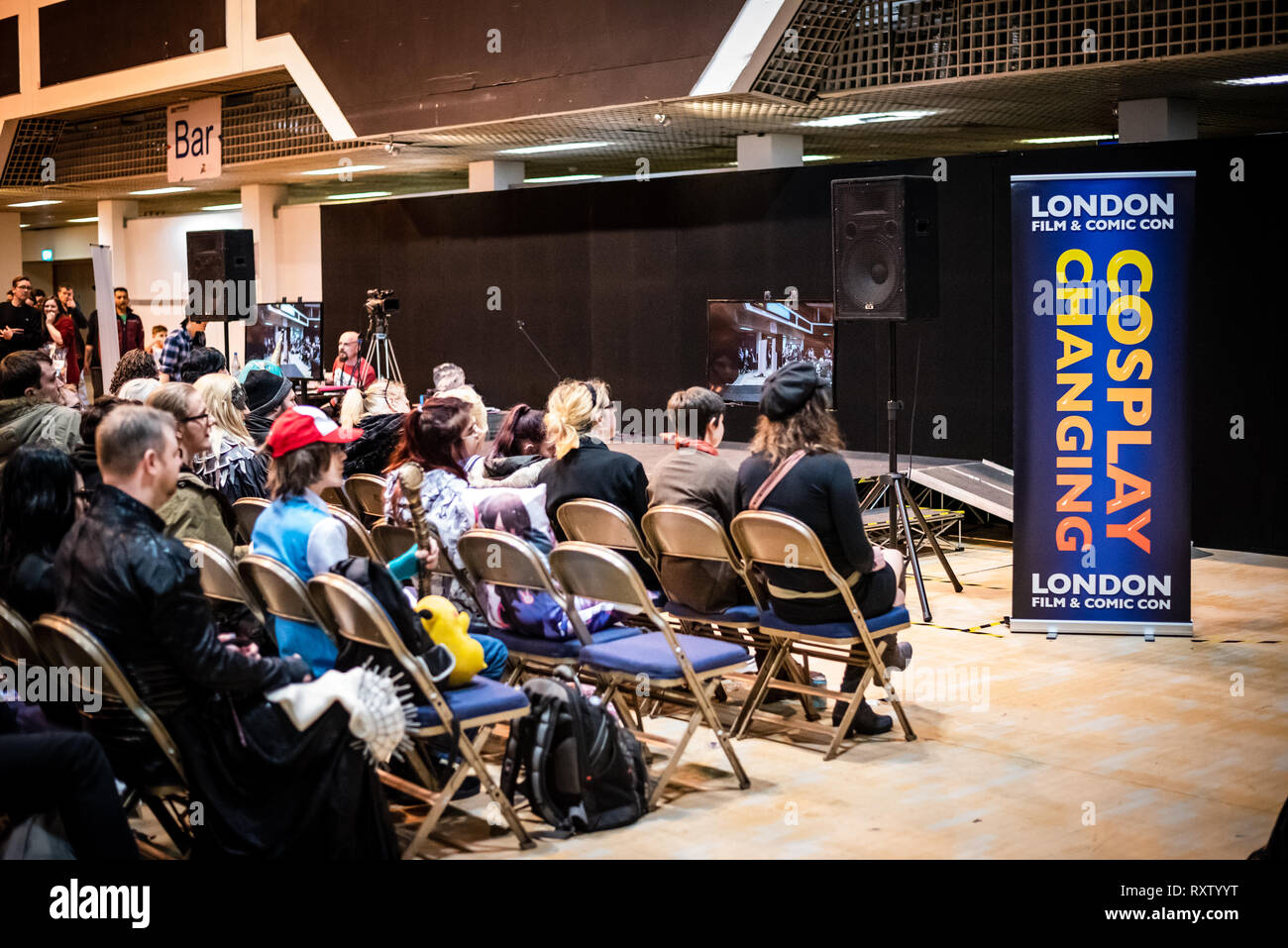 Cardiff, UK - March 9, 2019. Cosplay stage area in the Welsh Comic Con ...