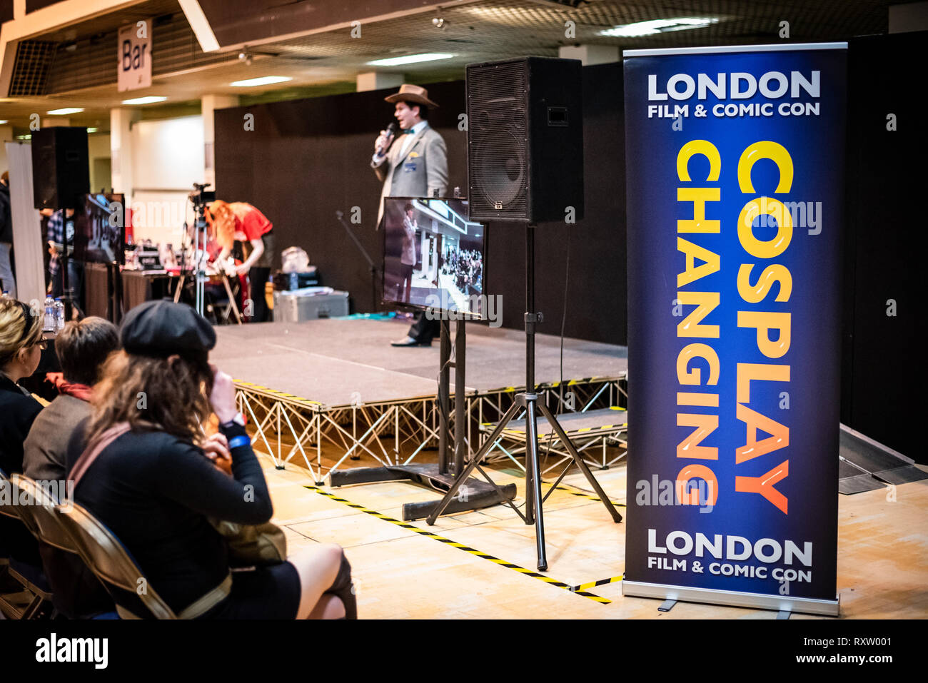 Cardiff, UK - March 9, 2019. Cosplay stage area in the Welsh Comic Con ...