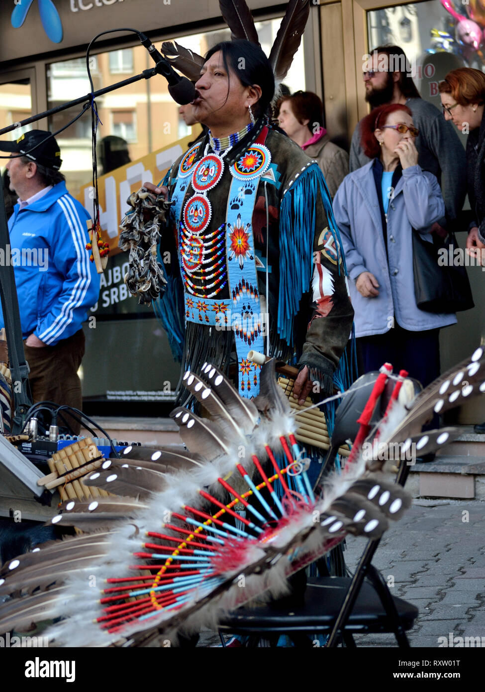 Female, indigenous,South American, street performer singing, Svilajnac ...