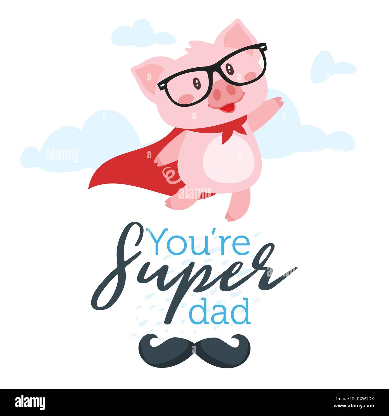 Father day greeting card template with piggy in glasses and red cloak ...