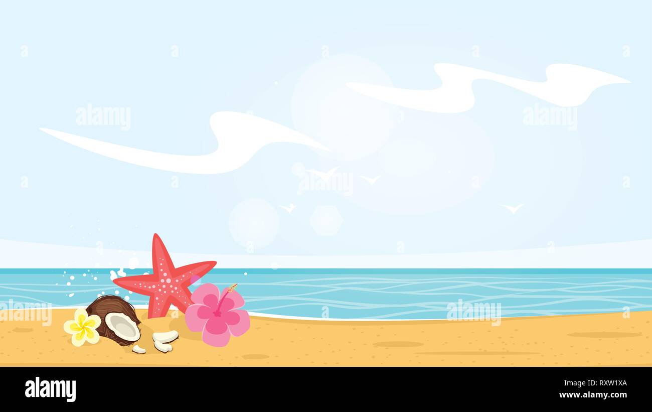 Vector cartoon style background of sea shore. Star fish, tropical ...