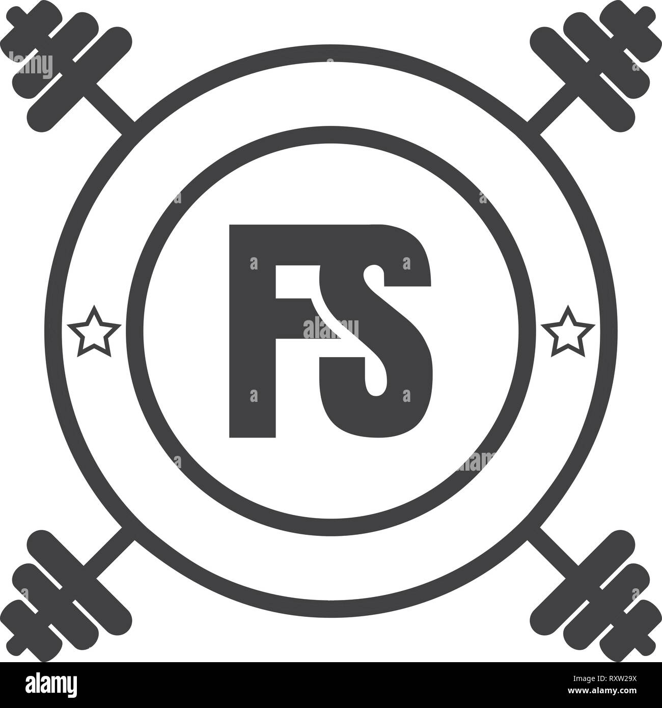 circular logo with barbell illustrations and letters f and s Stock ...