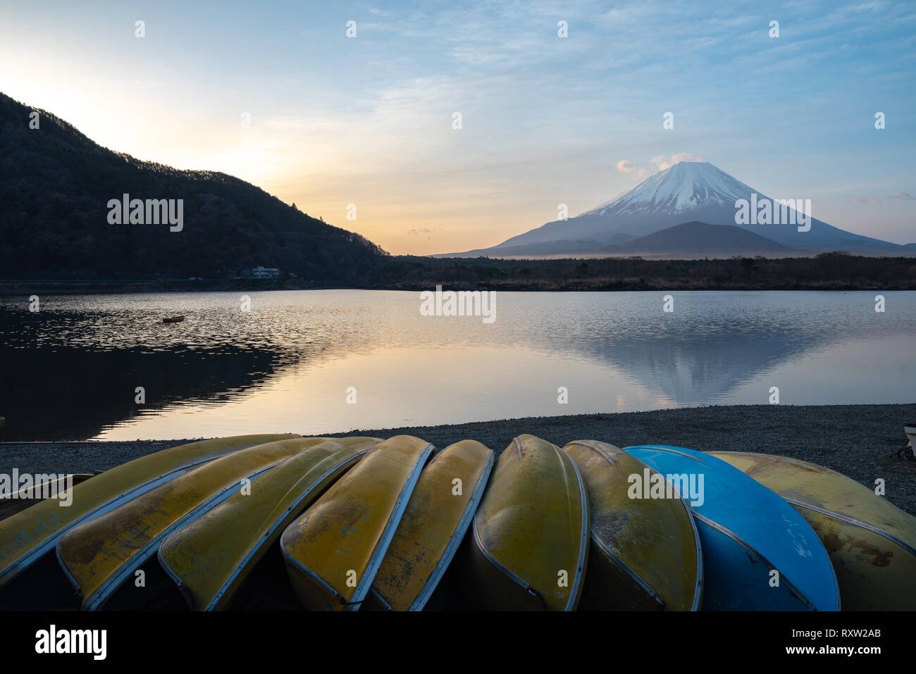 Mount Fuji ( Mt. Fuji ) in the morning day with reflection on sunrise ...