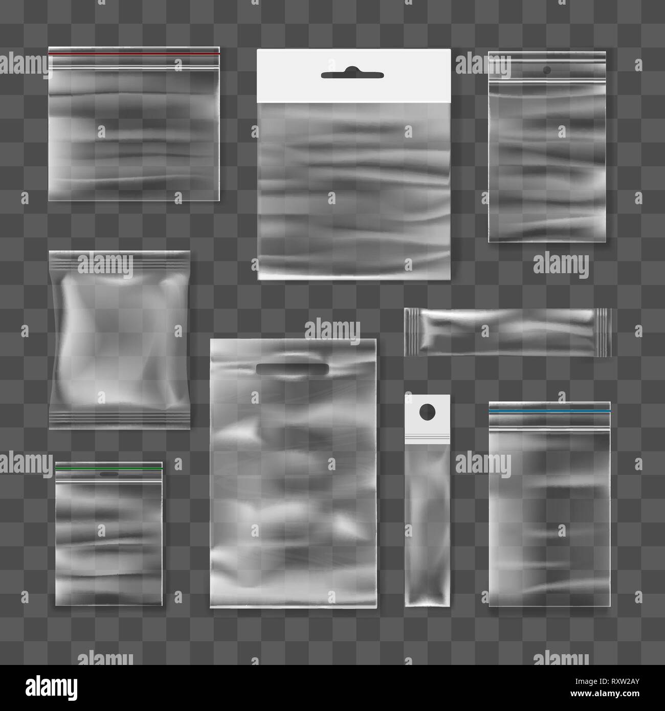 Realistic plastic packs. Transparent pack and bag with zipper ...