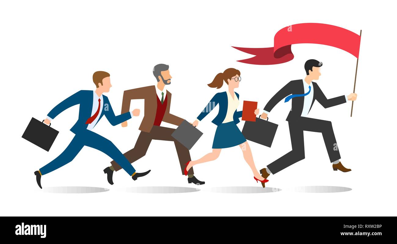 Business team running. Persons waving flag and jogging follow leader to ...