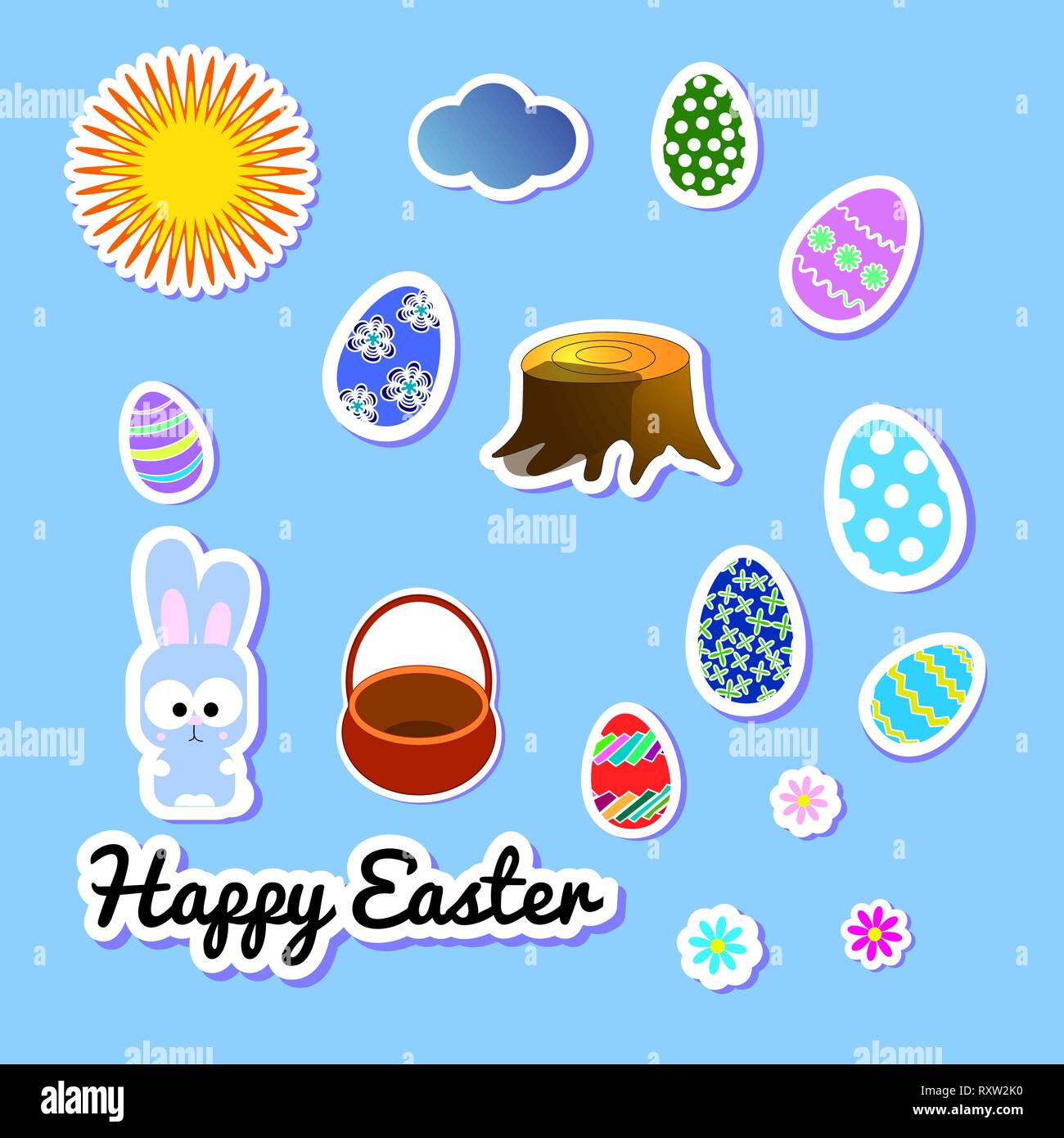 Set of Easter greeting stickers with bunny, flowers, eggs, cloud, sun ...