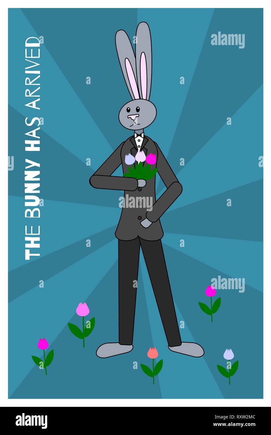 Poster design with a rabbit and a bouquet of tulips. The inscription ...