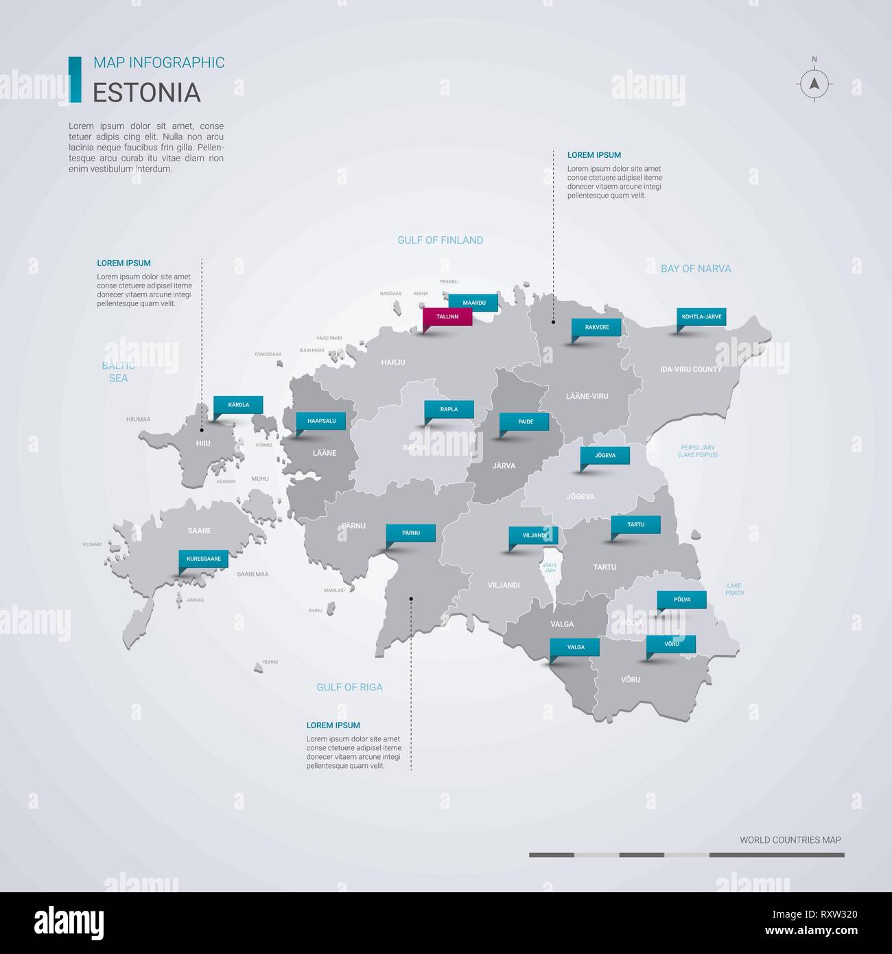 Estonia vector map with infographic elements, pointer marks. Editable ...