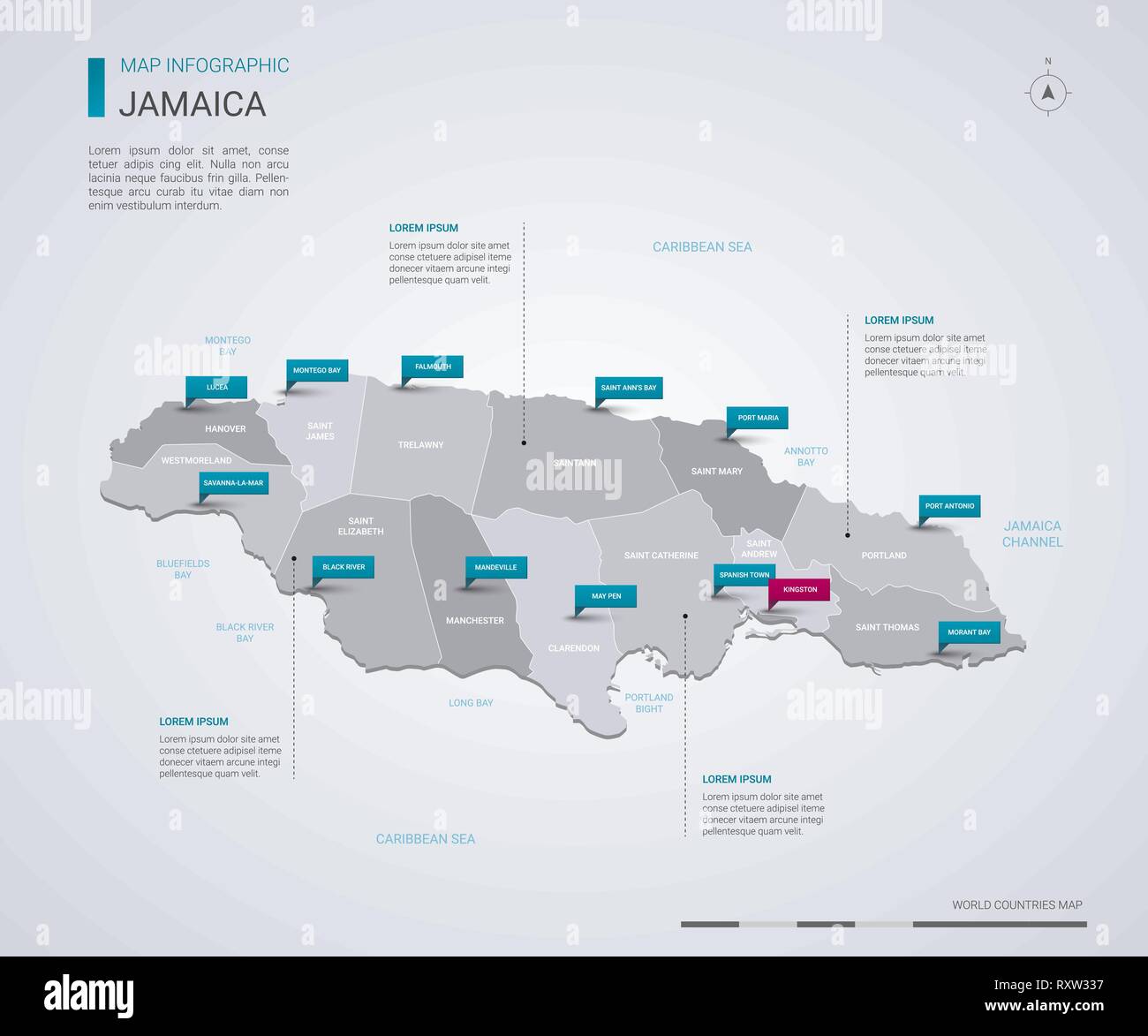 Jamaica vector map with infographic elements, pointer marks. Editable ...