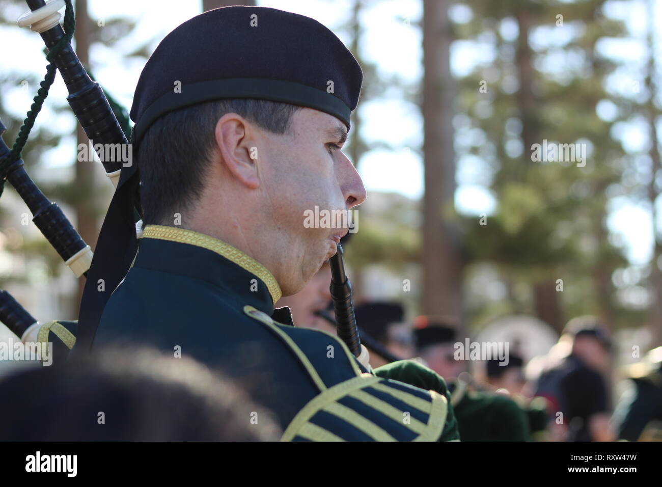 Man in military uniform blowing bagpipes in New South Wales, Australia ...