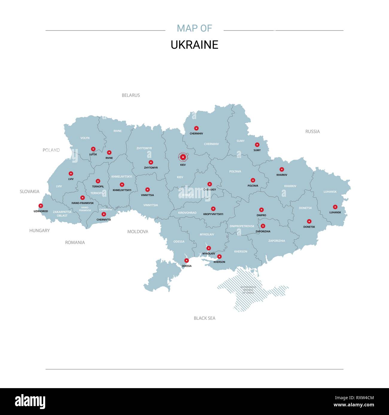Ukraine vector map. Editable template with regions, cities, red pins ...