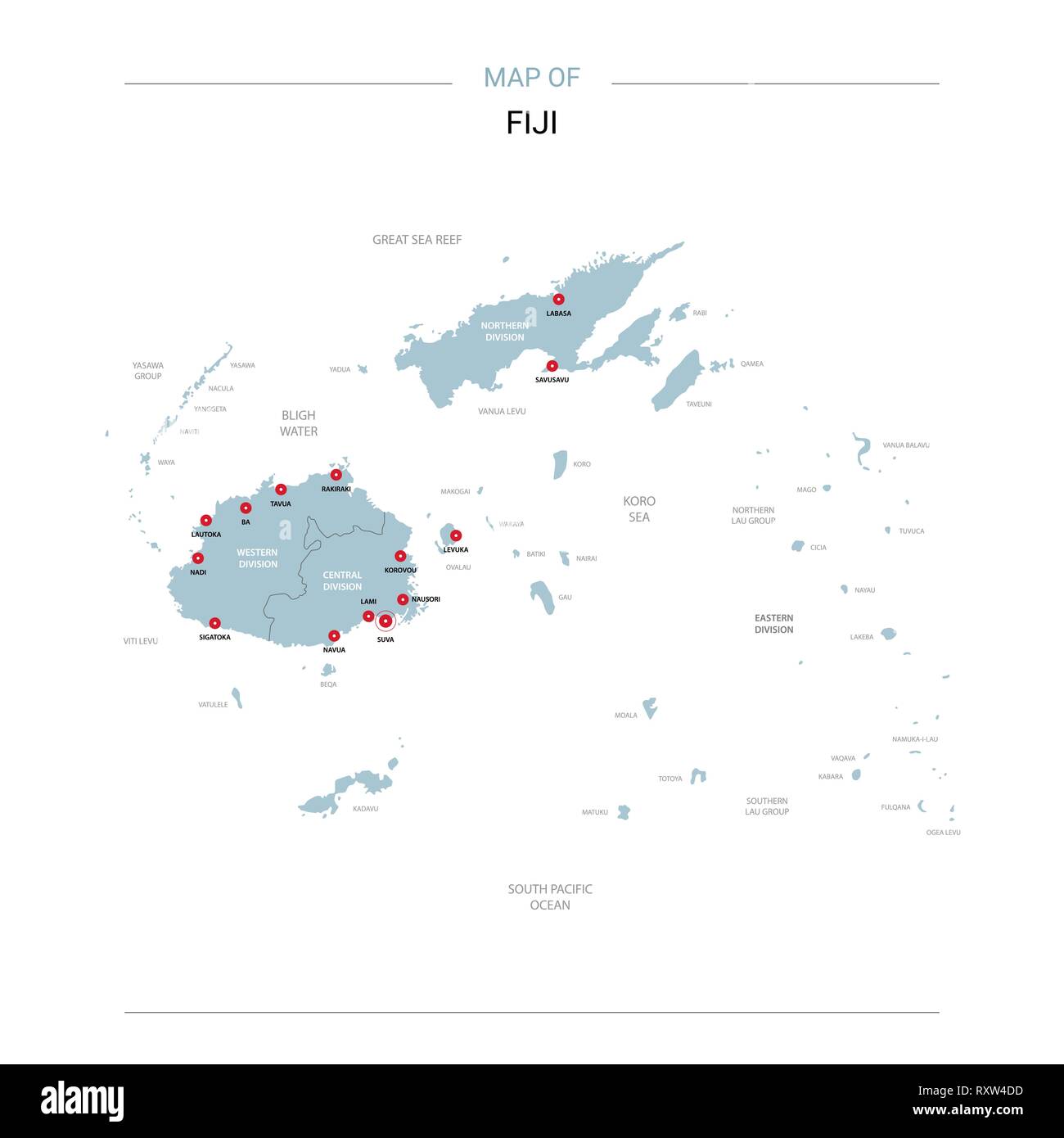Fiji vector map. Editable template with regions, cities, red pins and ...