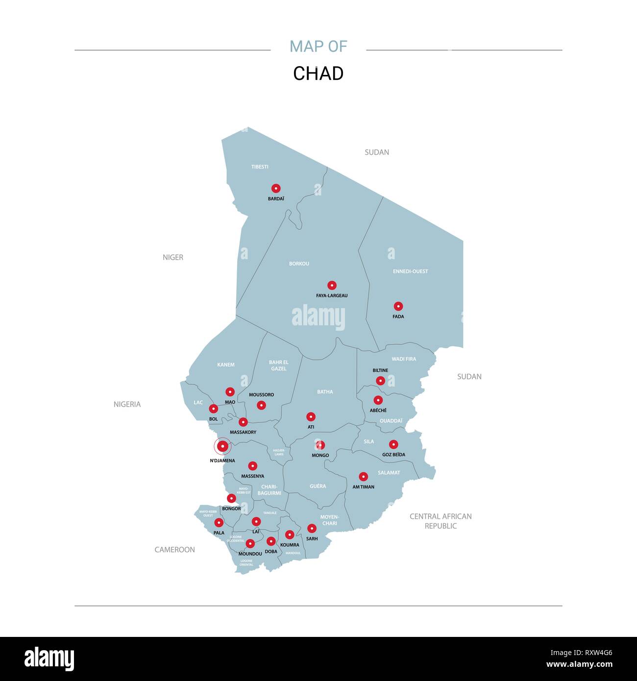 Chad vector map. Editable template with regions, cities, red pins and ...