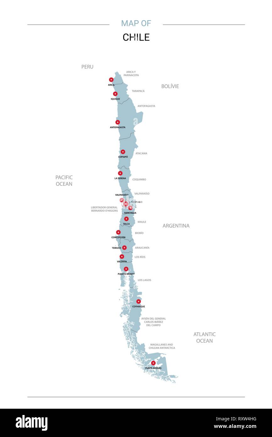 Chile vector map. Editable template with regions, cities, red pins and ...