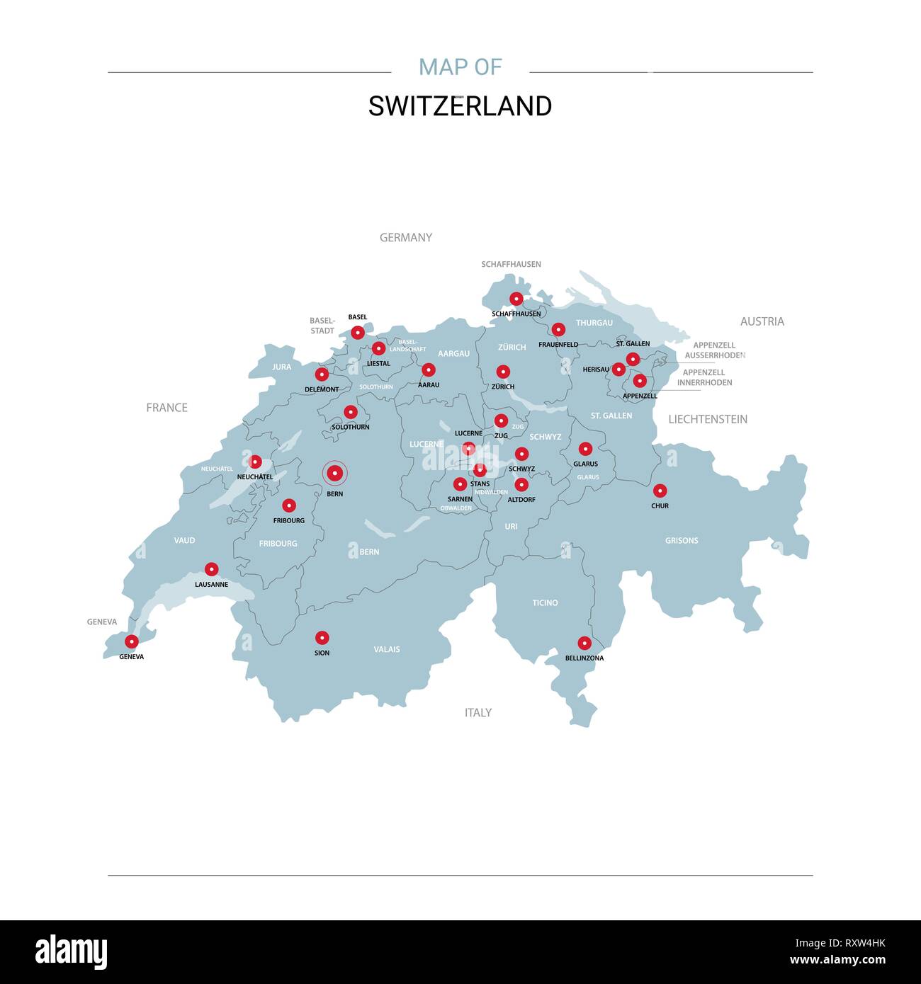 Switzerland vector map. Editable template with regions, cities, red ...