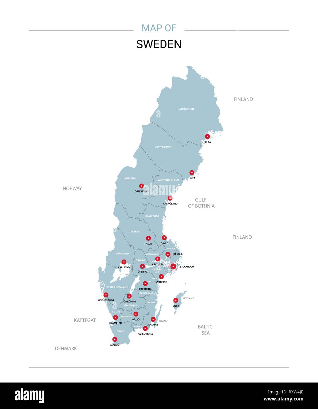 Sweden vector map. Editable template with regions, cities, red pins and ...