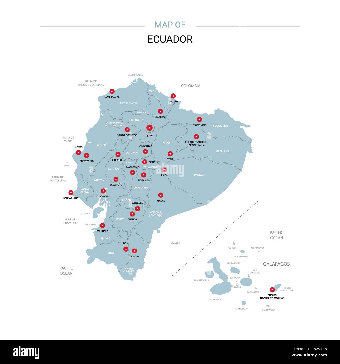 Ecuador vector map. Editable template with regions, cities, red pins ...