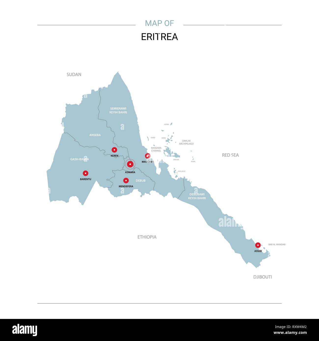 Eritrea Vector Map Editable Template With Regions Cities Red Pins And Blue Surface On White