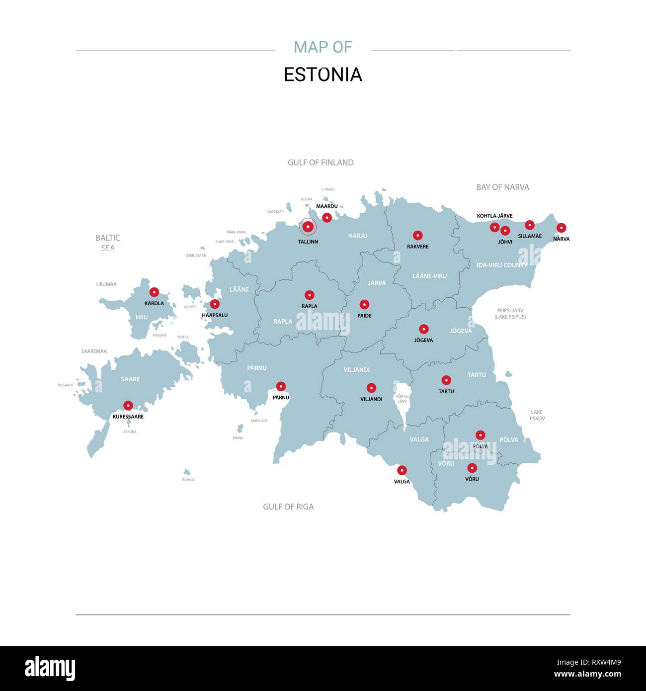 Estonia vector map. Editable template with regions, cities, red pins ...