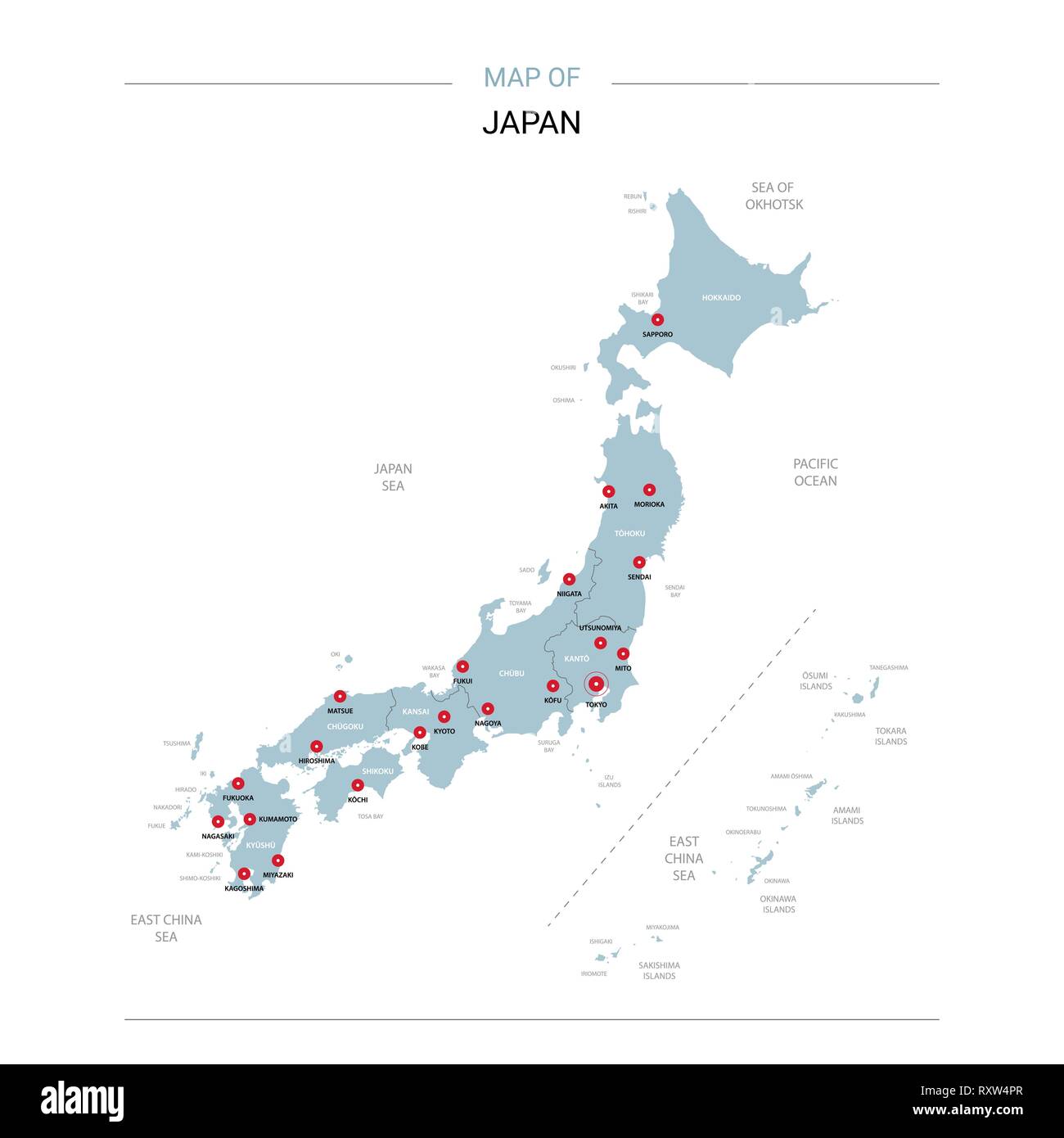 Japan vector map. Editable template with regions, cities, red pins and ...