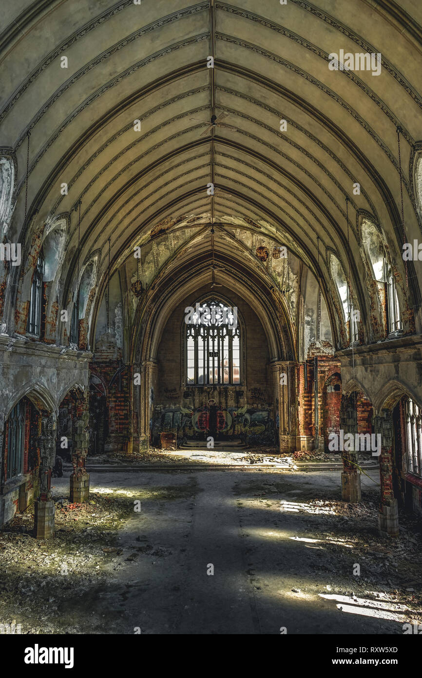 Detroit, Michigan, May 18, 2018: Interior view of abandoned and damaged ...