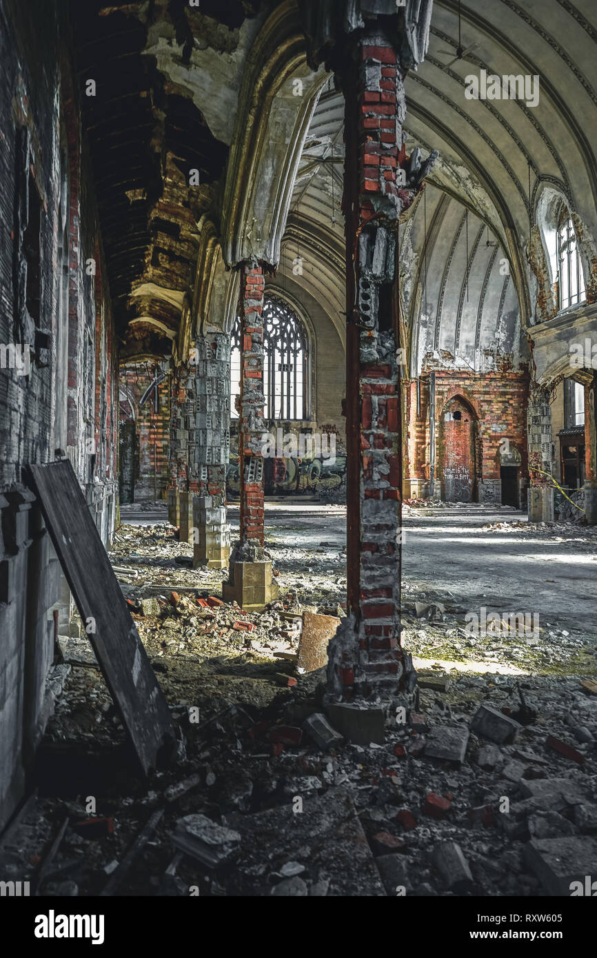 Detroit, Michigan, May 18, 2018: Interior view of abandoned and damaged ...