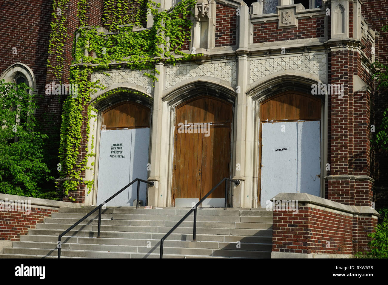 Detroit, Michigan, May 18, 2018: Outside view of abandoned and damaged ...