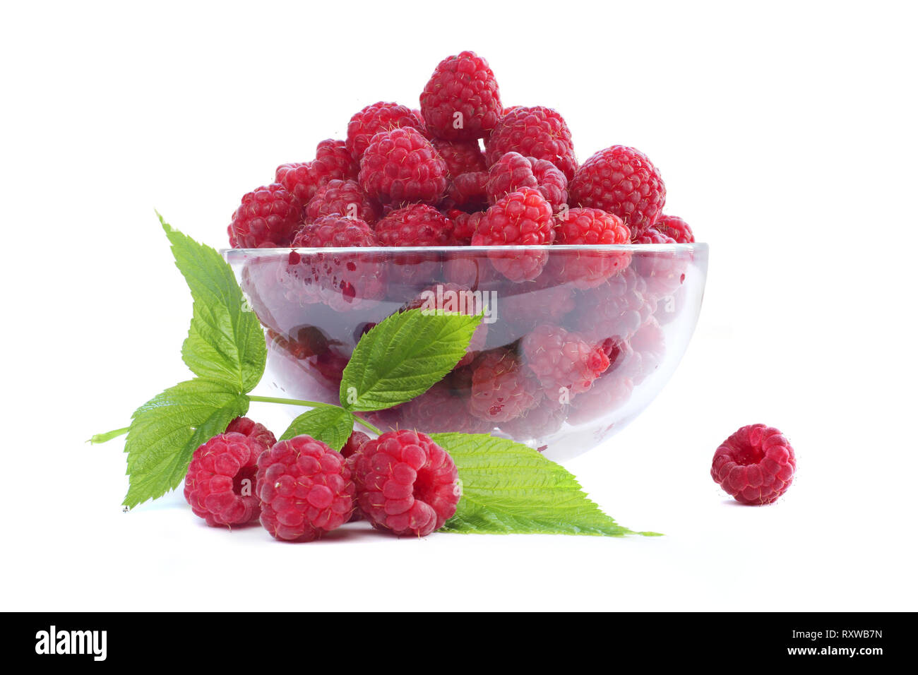 Big Pile of Fresh Raspberries and leaf in transparent bowl isolated on ...
