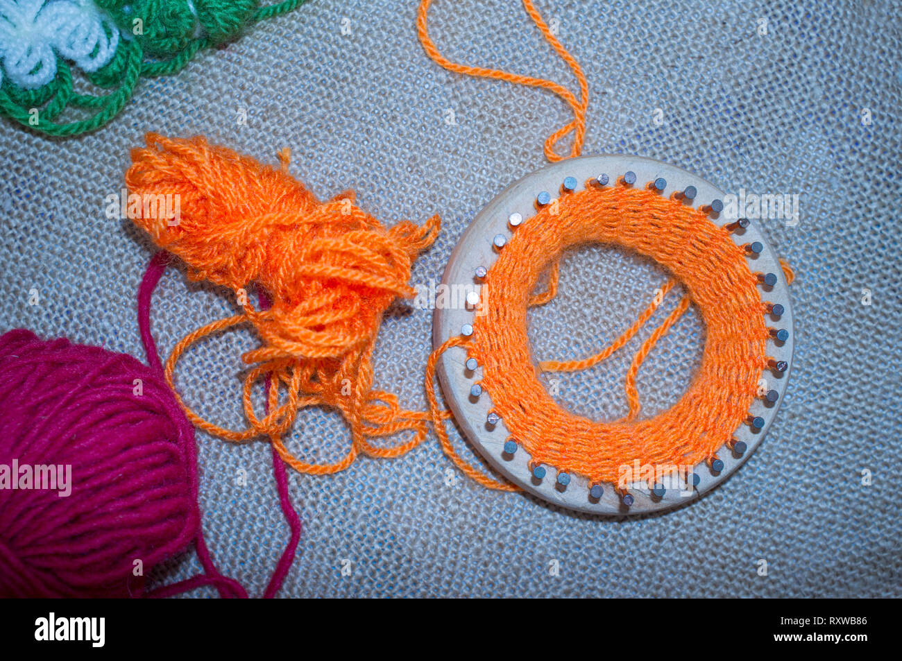 Wooden circular weaving loom. Manual arts workshop Stock Photo - Alamy