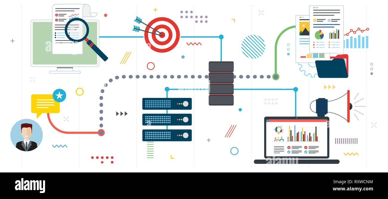 Business intelligence, network computers, cloud computing and data network. Laptop accessing ...