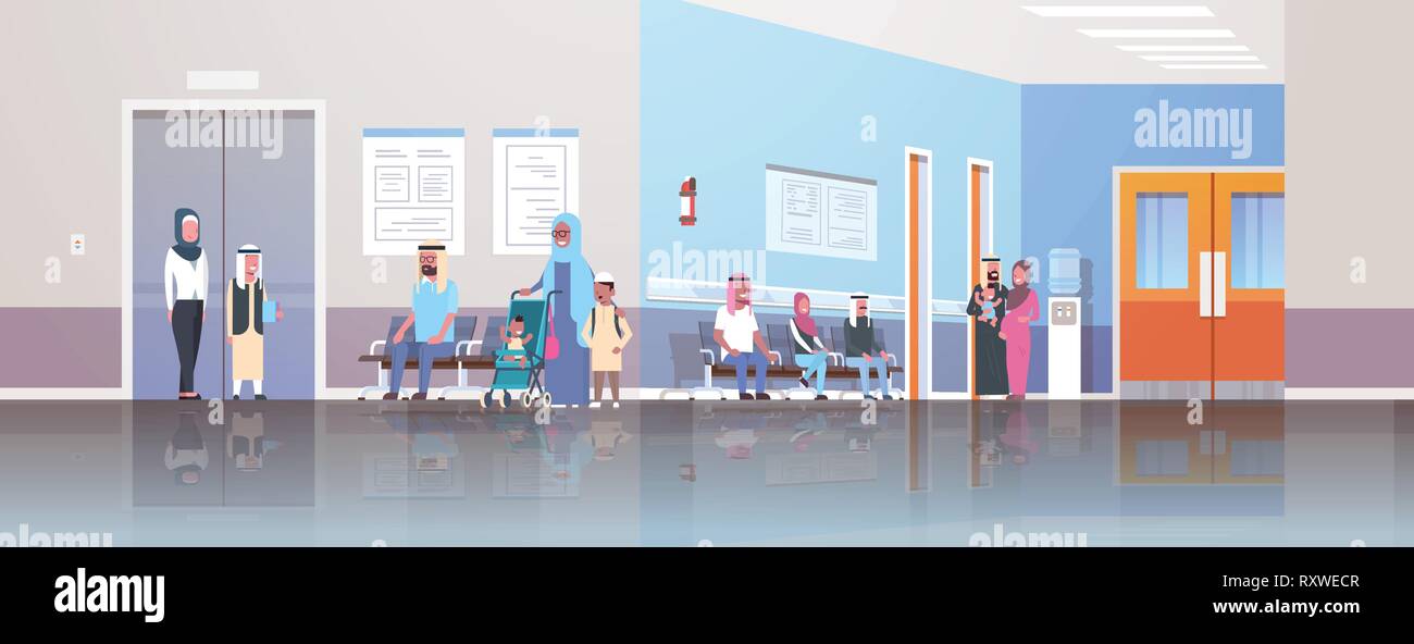 arabic patients wearing traditional clothes waiting in line queue to ...