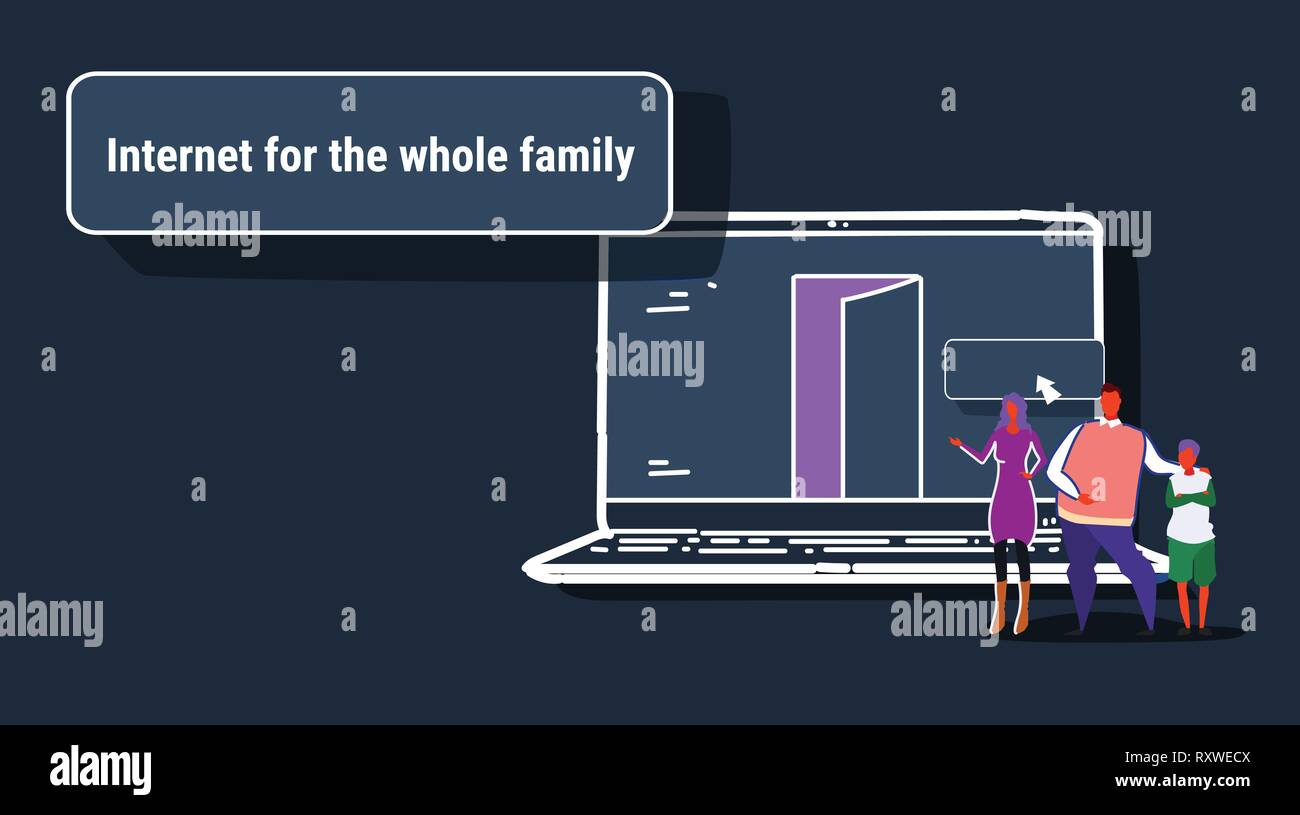 parents and son using laptop computer web browser internet for whole ...