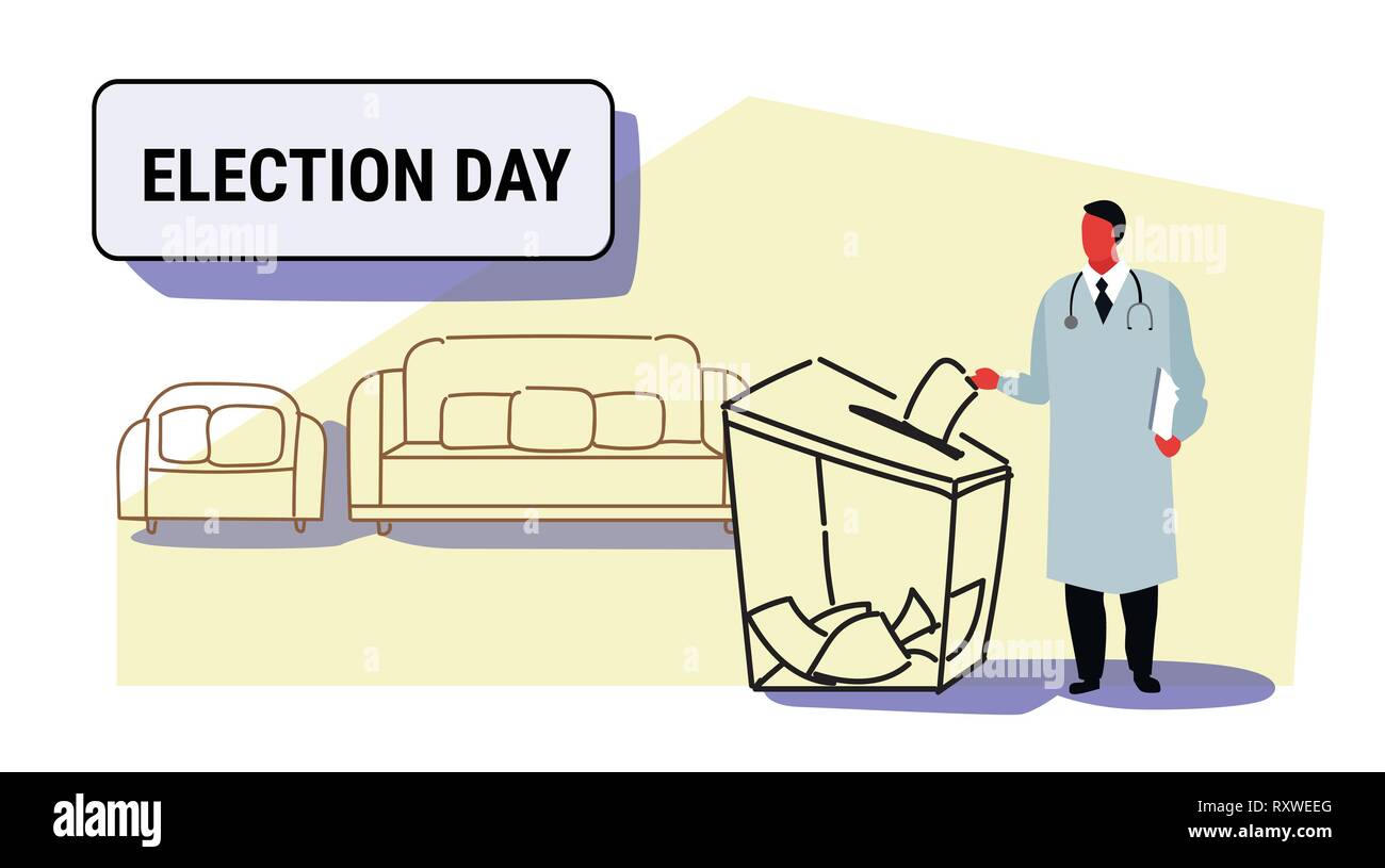 election day concept doctor voter putting paper ballot list in box ...